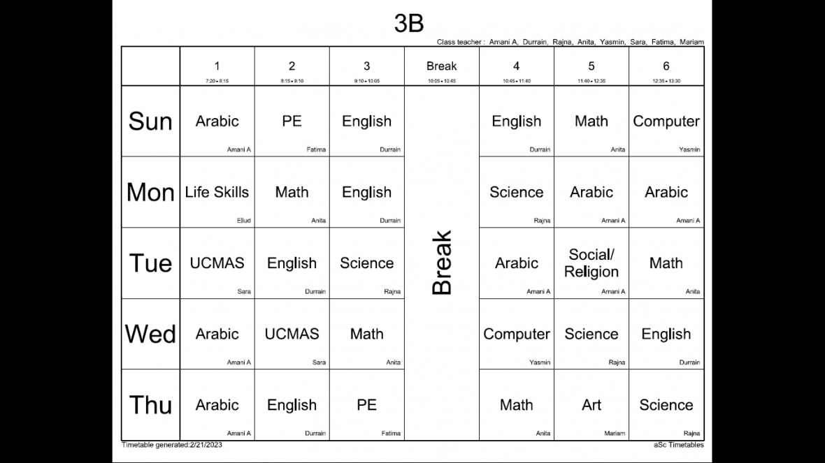 Timetables – Primary School | Al Rawabi Private School
