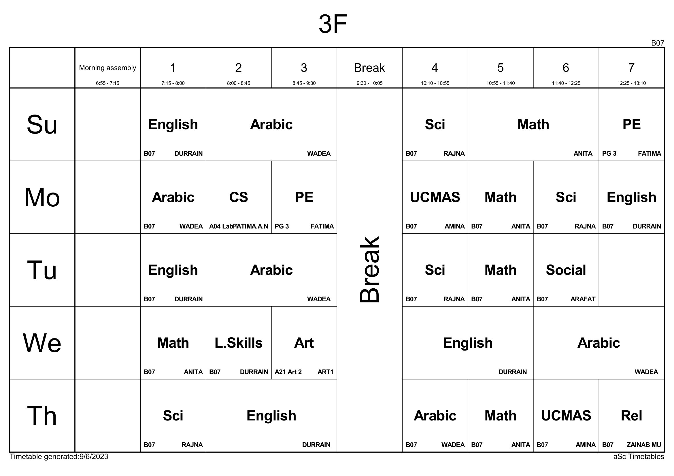 Timetables – Primary School | Al Rawabi Private School