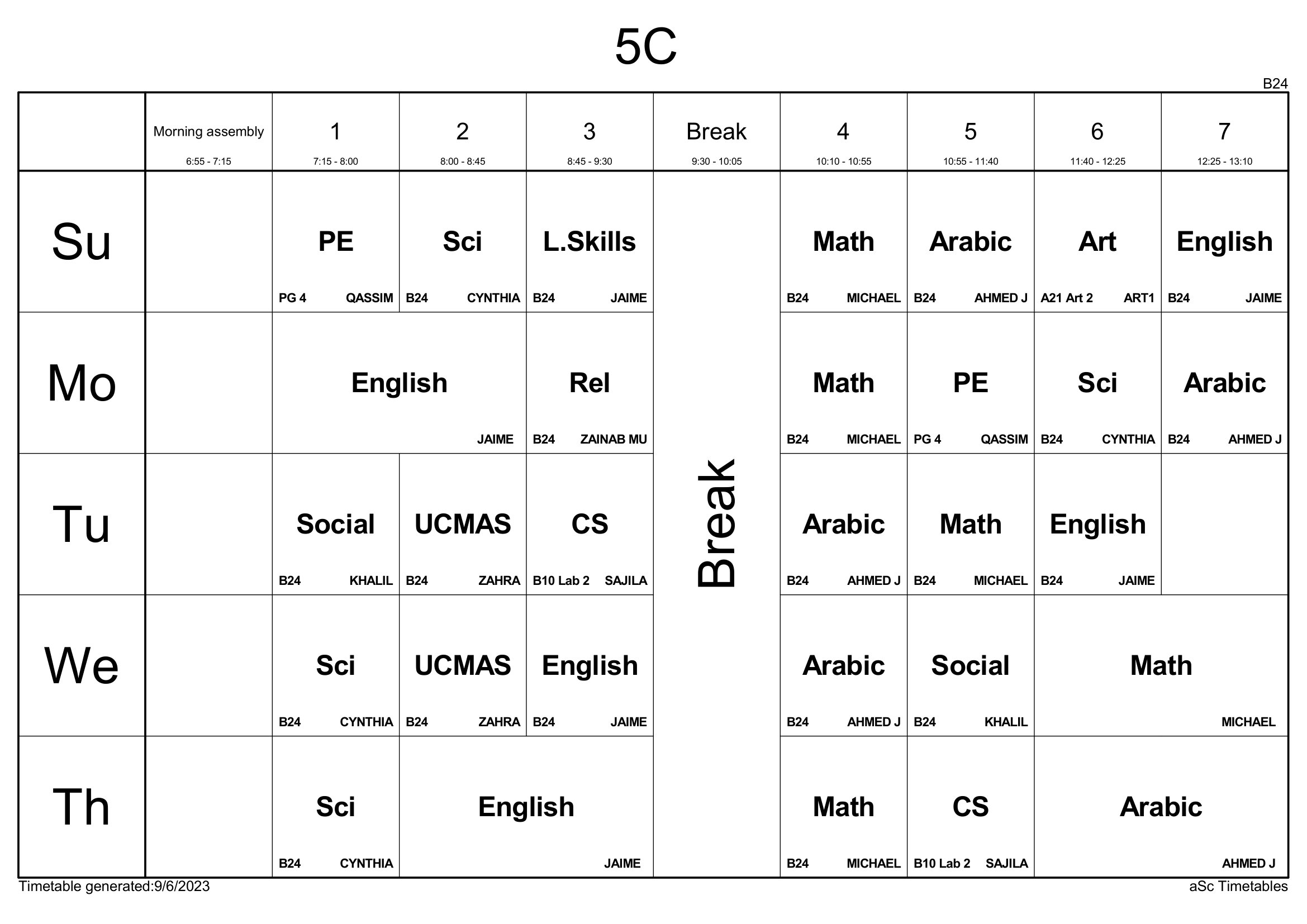 Timetables – Primary School | Al Rawabi Private School