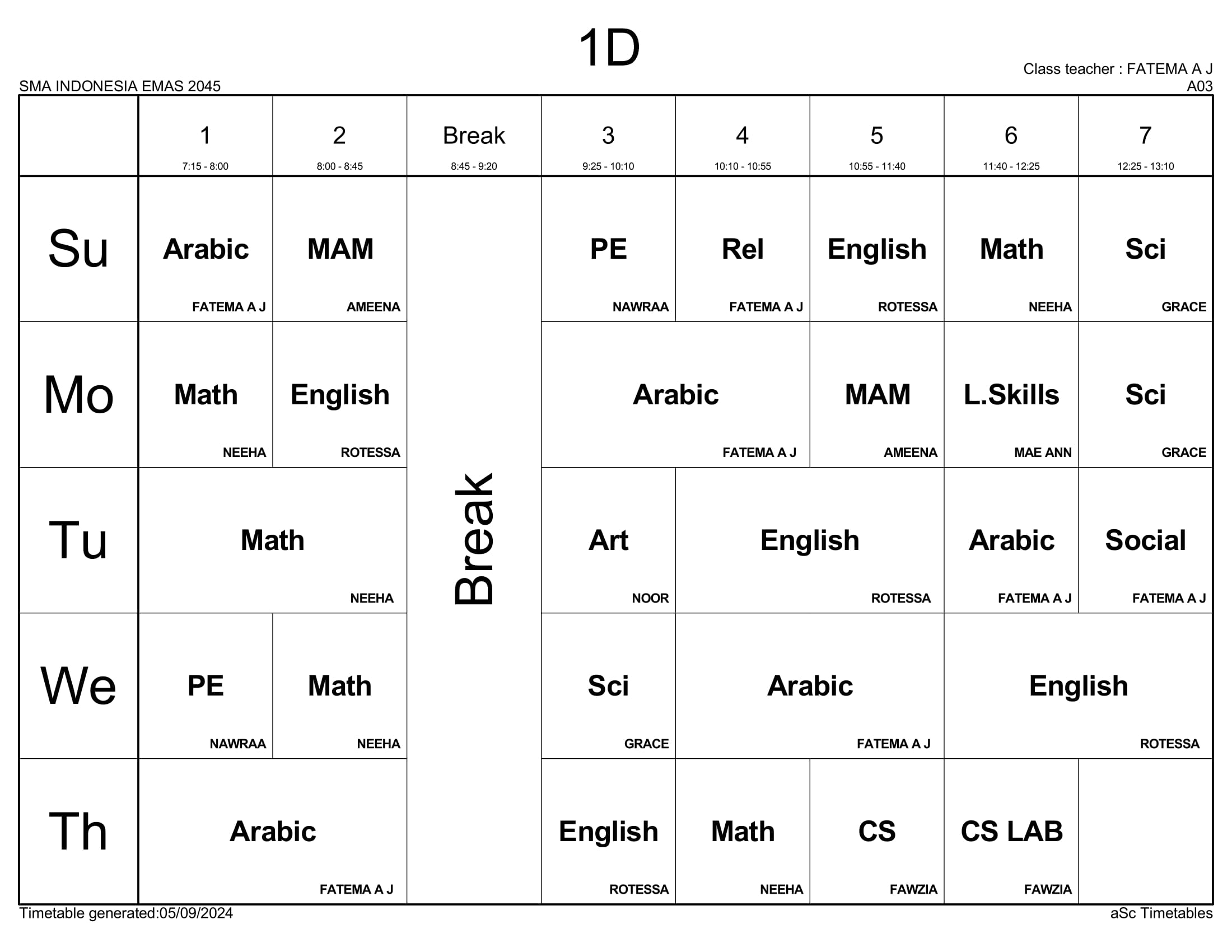 Timetables – Primary School | Al Rawabi Private School