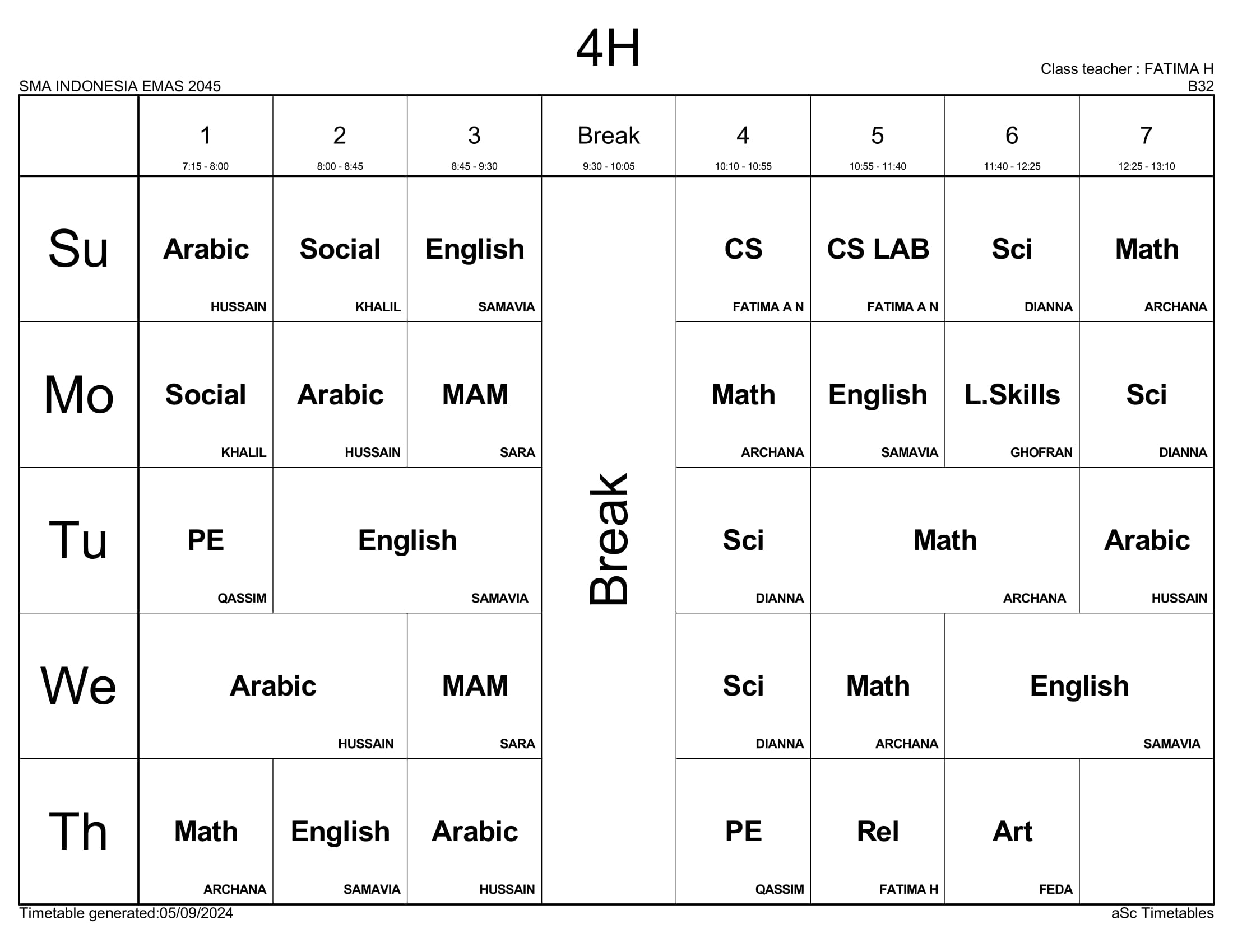 Timetables – Primary School | Al Rawabi Private School