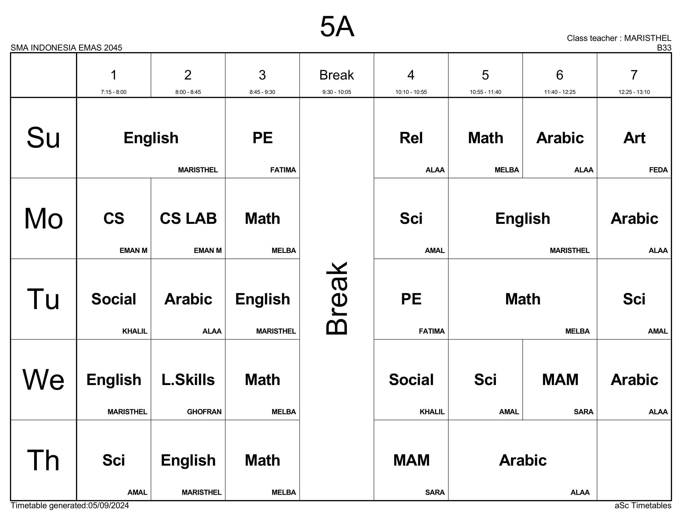 Timetables – Primary School | Al Rawabi Private School