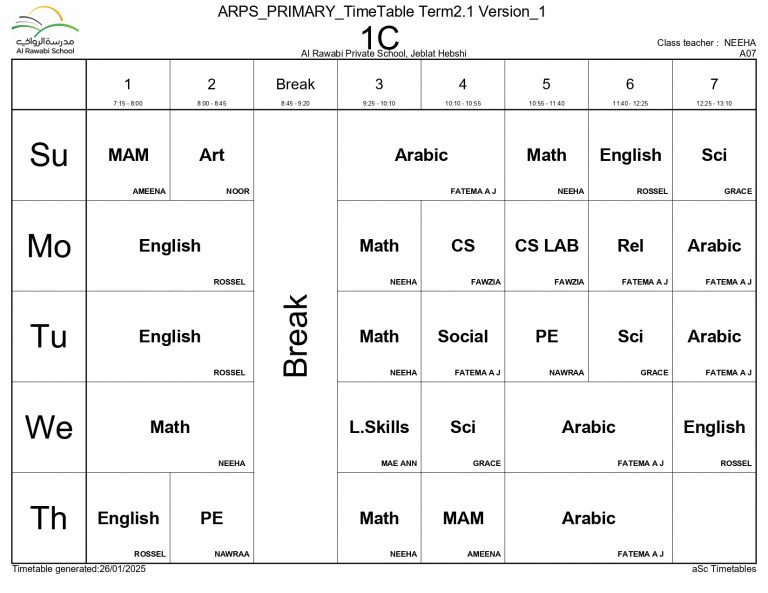 Timetables – Elementary School | Al Rawabi School | Al Rawabi Middle ...